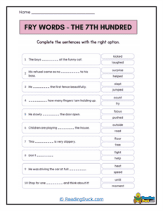 7th 100 Fry Sight Words Worksheets| Reading Duck.com