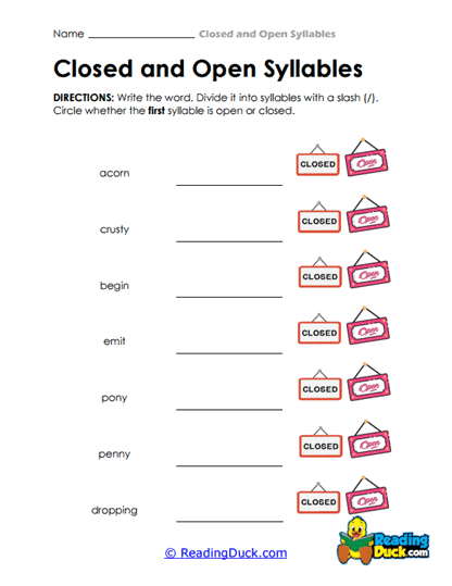 Closed and Open Syllables Worksheets | Reading Duck.com