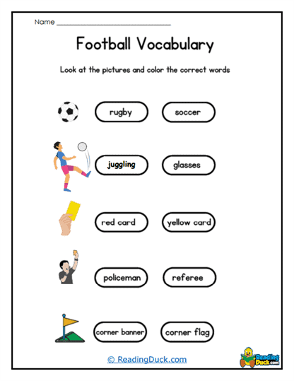 Soccer Vocabulary Word Worksheets | Reading Duck.com