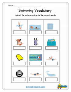 Swimming Vocabulary Word Worksheets | Reading Duck.com