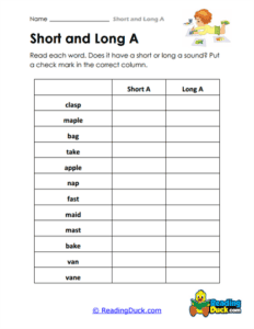 Short and Long A Worksheets | Phonics Skills | Reading Duck.com