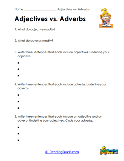 Adjectives vs Adverbs Worksheets | Grammar Skills | Reading Duck.com