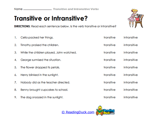 Transitive and Intransitive Verb Worksheets | Reading Duck.com