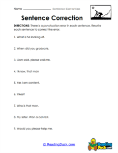 Sentence Correction Worksheets | Writing Series | Reading Duck.com