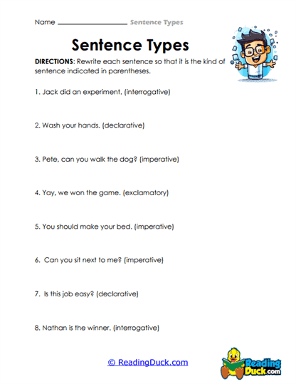 Sentence Types Worksheets | Writing Series | Reading Duck.com