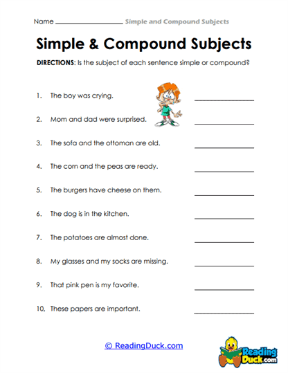 Simple and Compound Subjects Worksheets | Reading Duck.com