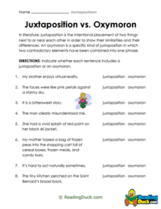Juxtaposition Worksheets | Literary Devices | Reading Duck.com