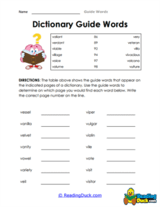 Guide Words Worksheets | Vocabulary | Reading Duck.com