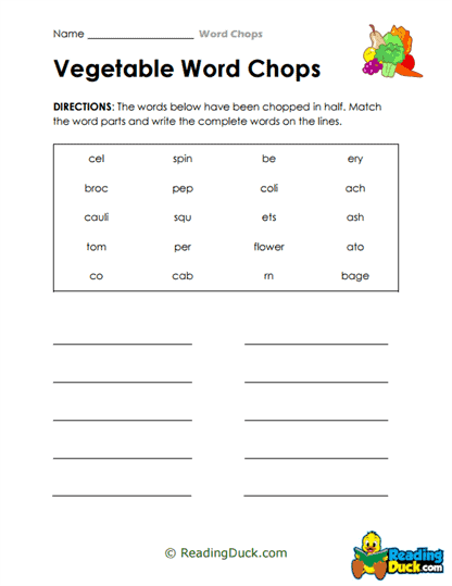 Word Chop Worksheets | Vocabulary Series | Reading Duck.com