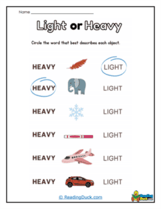 Heavy vs. Light Worksheets | Comparisons | Reading Duck.com