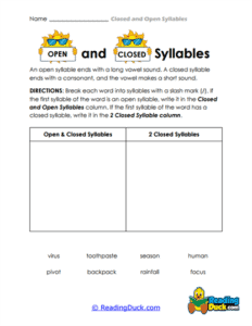 Closed and Open Syllables Worksheets | Reading Duck.com