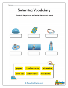 Swimming Vocabulary Word Worksheets | Reading Duck.com
