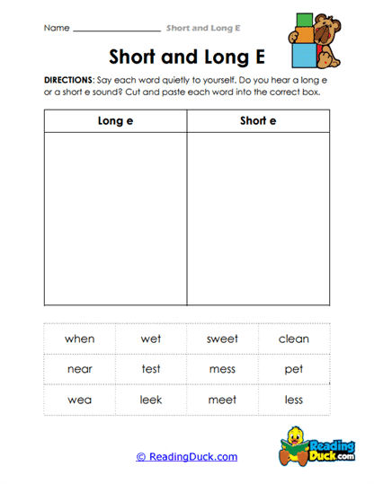 Short and Long E Worksheets | Phonics Skills | Reading Duck.com