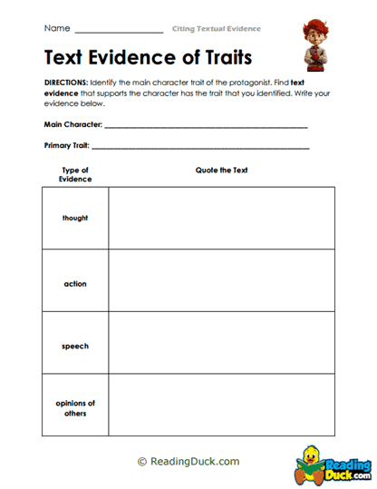 Citing Textual Evidence Worksheets | Reading Duck.com