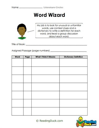 Literature Circles Worksheets | Reading Skills | Reading Duck.com