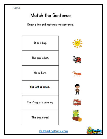 Match the Sentences Worksheets | Print Concepts | Reading Duck.com