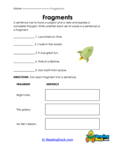 Sentence Fragment Worksheets | Writing Series | Reading Duck.com