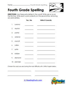 4th Grade Spelling Worksheets | Reading Duck.com