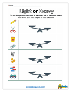 Heavy vs. Light Worksheets | Comparisons | Reading Duck.com