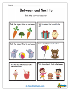 Between and Next To Worksheets | Position Words | Reading Duck.com