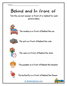 In Front of or Behind Worksheets | Position Words | Reading Duck.com