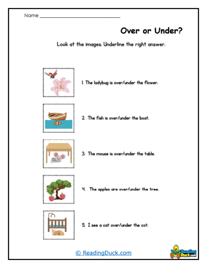 Over or Under Worksheets | Position Words | Reading Duck.com