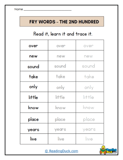 2nd 100 Fry Sight Words Worksheets| Reading Duck.com