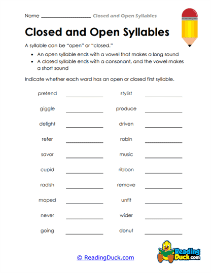 Closed and Open Syllables Worksheets | Reading Duck.com