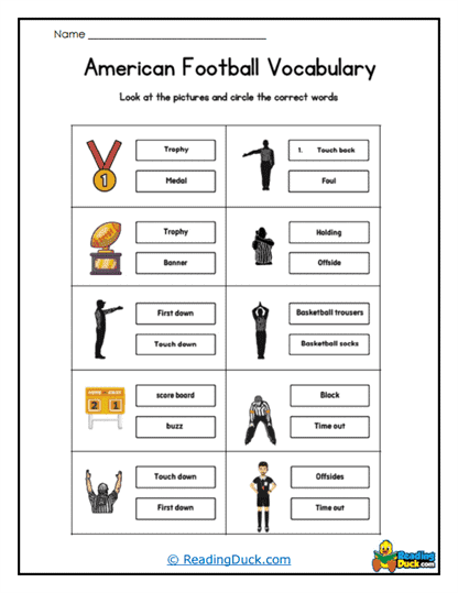 American Football Vocabulary Word Worksheets | Reading Duck.com