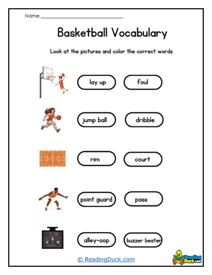 Basketball Vocabulary Word Worksheets | Reading Duck.com