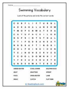 Swimming Vocabulary Word Worksheets | Reading Duck.com