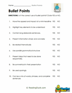 Bullet Point Worksheets | Punctuation Collection | Reading Duck.com