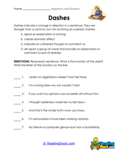 Hyphens and Dashes Worksheets | Punctuation | Reading Duck.com