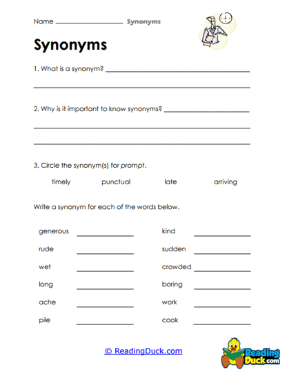 Synonym Worksheets | Language Arts Skills | Reading Duck.com