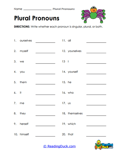 Plural Pronoun Worksheets | Grammar Skills | Reading Duck.com