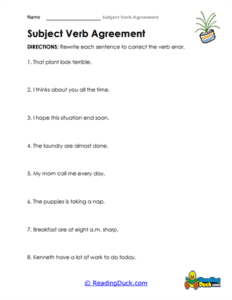 Subject Verb Agreement Worksheets | Grammar Skills | Reading Duck.com