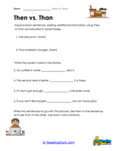 Then vs. Than Worksheets | Grammar Skills | Reading Duck.com