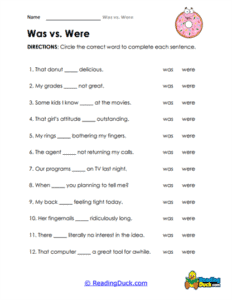 Was vs. Were Worksheets | Grammar Skills | Reading Duck.com