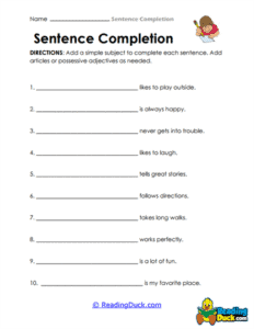 Sentence Completion Worksheets | Writing Series | Reading Duck.com