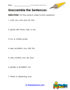 Unscramble Sentences Worksheets | Writing Series | Reading Duck.com