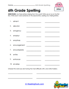 6th Grade Spelling Worksheets | Reading Duck.com