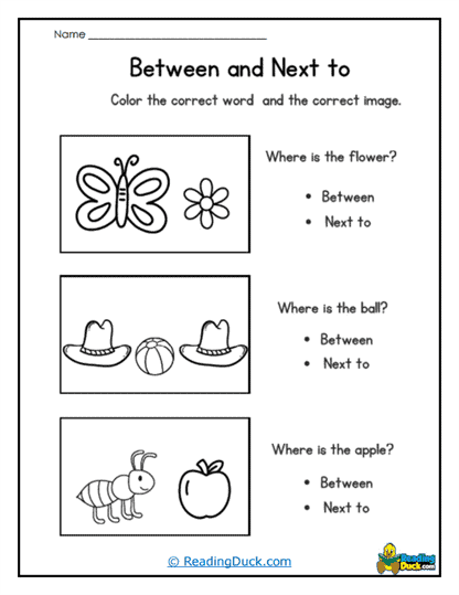 Between and Next To Worksheets | Position Words | Reading Duck.com