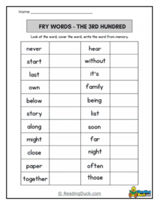3rd 100 Fry Sight Words Worksheets| Reading Duck.com