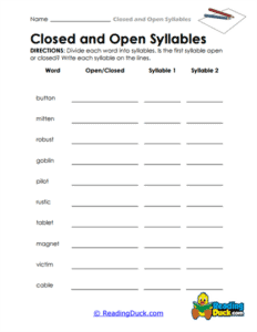 Closed and Open Syllables Worksheets | Reading Duck.com