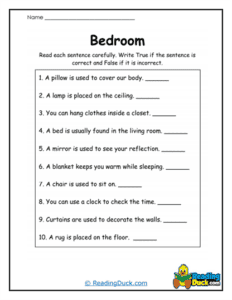 Bedroom Vocabulary Words Worksheets | Reading Duck.com