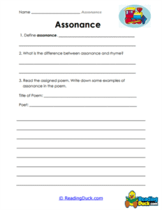 Assonance Worksheets | Language Arts | Reading Duck.com