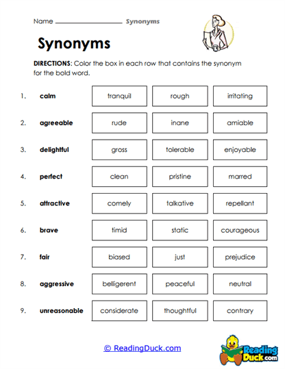 Synonym Worksheets | Language Arts Skills | Reading Duck.com