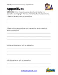 Appositives Worksheets | Grammar Skills | Reading Duck.com