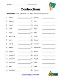 Contraction Worksheets | Grammar Skills | Reading Duck.com