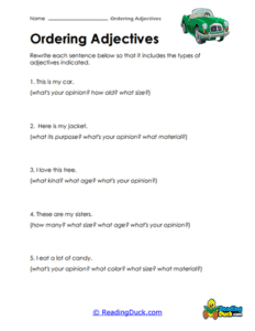 Ordering Adjectives Worksheets | Grammar Skills | Reading Duck.com
